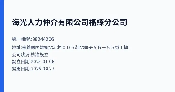 海光人力仲介有限公司福綵分公司的照片-統編 98244206(嘉義縣) 公司登記資料與營業項目詳細圖表