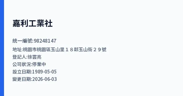 嘉利工業社的照片-統編 98248147(桃園市) 公司登記資料與營業項目詳細圖表