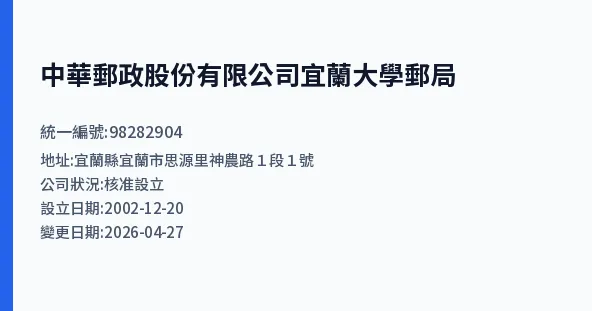 中華郵政股份有限公司宜蘭大學郵局的照片-統編 98282904(宜蘭縣) 公司登記資料與營業項目詳細圖表