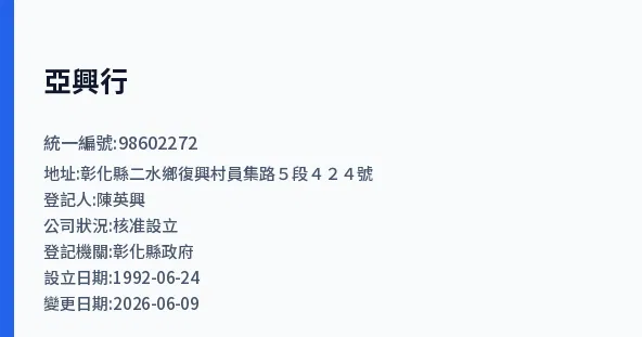 亞興行的照片-統編 98602272(彰化縣) 公司登記資料與營業項目詳細圖表