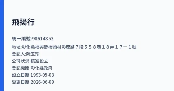 飛揚行的照片-統編 98614853(彰化縣) 公司登記資料與營業項目詳細圖表