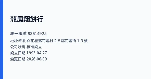 龍鳳翔餅行的照片-統編 98614925(彰化縣) 公司登記資料與營業項目詳細圖表