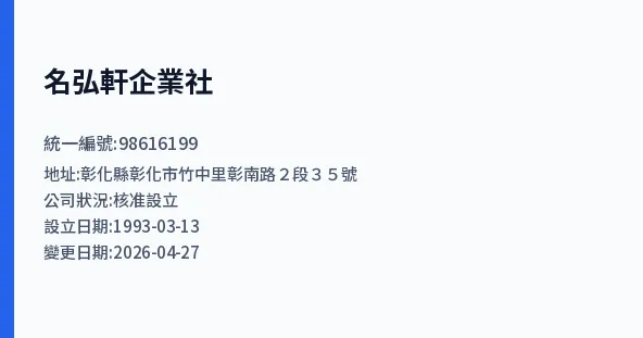 名弘軒企業社的照片-統編 98616199(彰化縣) 公司登記資料與營業項目詳細圖表