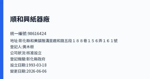 順和興紙器廠的照片-統編 98616424(彰化縣) 公司登記資料與營業項目詳細圖表