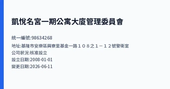 凱悅名宮一期公寓大廈管理委員會的照片-統編 98634268(基隆市) 公司登記資料與營業項目詳細圖表