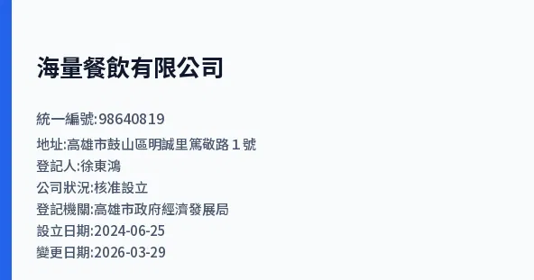海量餐飲有限公司的照片-統編 98640819(高雄市) 公司登記資料與營業項目詳細圖表