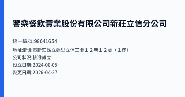 饗樂餐飲實業股份有限公司新莊立信分公司的照片-統編 98641654(新北市) 公司登記資料與營業項目詳細圖表