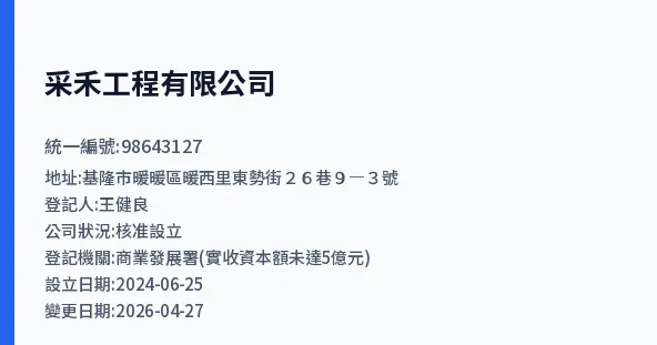 采禾工程有限公司的照片-統編 98643127(基隆市) 公司登記資料與營業項目詳細圖表