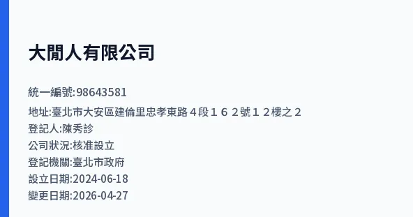 大閒人有限公司的照片-統編 98643581(臺北市) 公司登記資料與營業項目詳細圖表