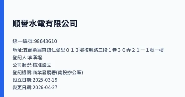 順譽水電有限公司的照片-統編 98643610(宜蘭縣) 公司登記資料與營業項目詳細圖表
