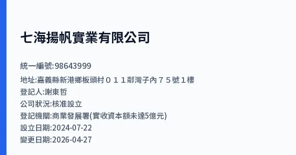 七海揚帆實業有限公司的照片-統編 98643999(嘉義縣) 公司登記資料與營業項目詳細圖表