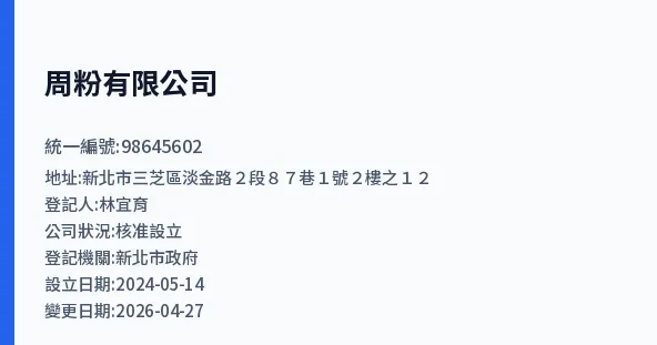 周粉有限公司的照片-統編 98645602(新北市) 公司登記資料與營業項目詳細圖表