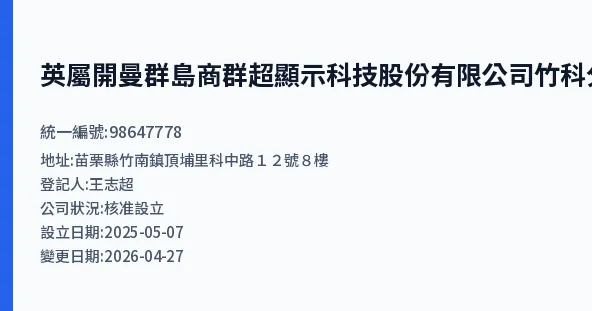 英屬開曼群島商群超顯示科技股份有限公司竹科分公司的照片-統編 98647778(苗栗縣) 公司登記資料與營業項目詳細圖表