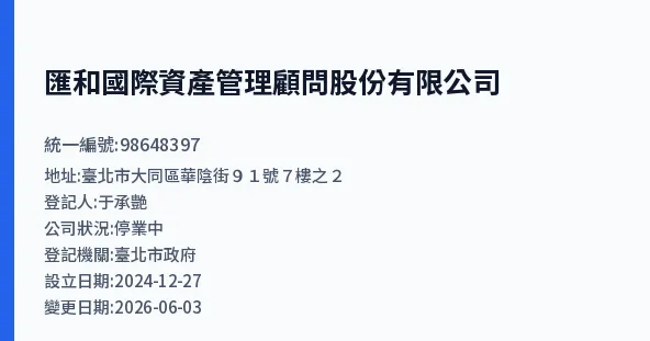 匯和國際資產管理顧問股份有限公司的照片-統編 98648397(臺北市) 公司登記資料與營業項目詳細圖表