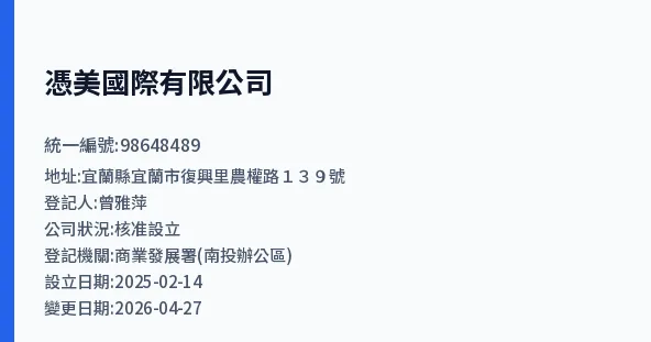 憑美國際有限公司的照片-統編 98648489(宜蘭縣) 公司登記資料與營業項目詳細圖表