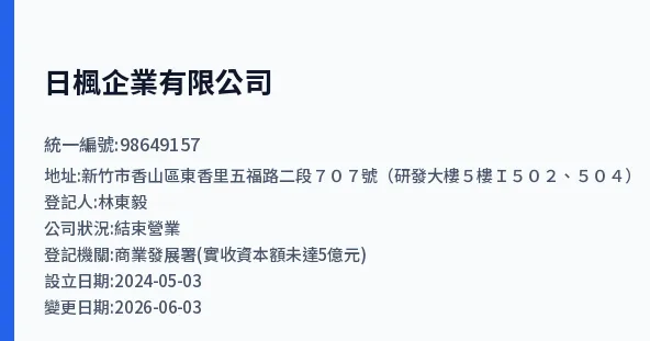 日楓企業有限公司的照片-統編 98649157(新竹市) 公司登記資料與營業項目詳細圖表