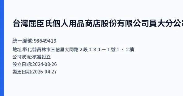 台灣屈臣氏個人用品商店股份有限公司員大分公司的照片-統編 98649419(彰化縣) 公司登記資料與營業項目詳細圖表