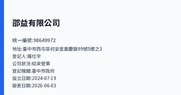 邵益有限公司的照片-統編 98649972(臺中市) 公司登記資料與營業項目詳細圖表