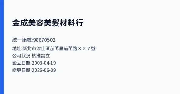 金成美容美髮材料行的照片-統編 98670502(新北市) 公司登記資料與營業項目詳細圖表
