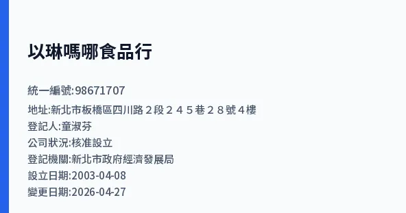以琳嗎哪食品行的照片-統編 98671707(新北市) 公司登記資料與營業項目詳細圖表