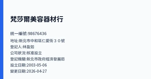梵莎爾美容器材行的照片-統編 98676436(新北市) 公司登記資料與營業項目詳細圖表
