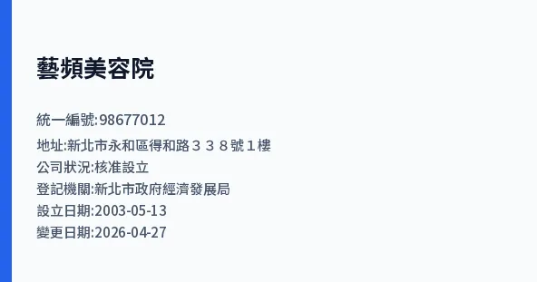藝頻美容院的照片-統編 98677012(新北市) 公司登記資料與營業項目詳細圖表