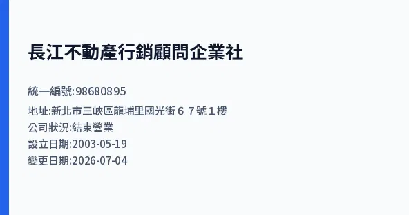 長江不動產行銷顧問企業社的照片-統編 98680895(新北市) 公司登記資料與營業項目詳細圖表