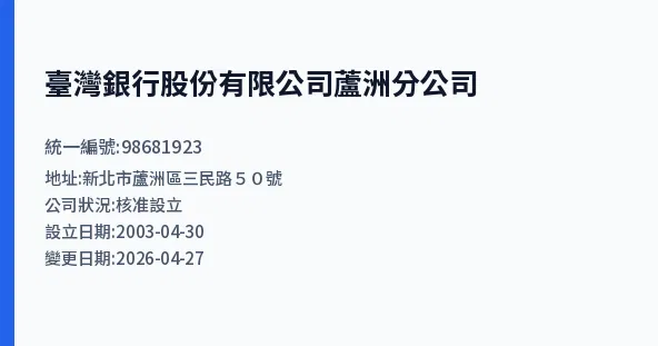 臺灣銀行股份有限公司蘆洲分公司的照片-統編 98681923(新北市) 公司登記資料與營業項目詳細圖表
