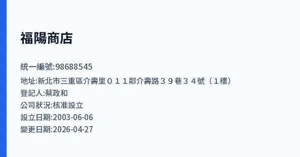福陽商店的照片-統編 98688545(新北市) 公司登記資料與營業項目詳細圖表
