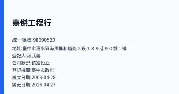 嘉傑工程行的照片-統編 98690520(臺中市) 公司登記資料與營業項目詳細圖表