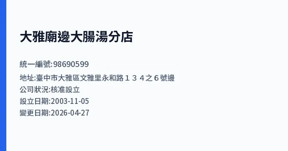 大雅廟邊大腸湯分店的照片-統編 98690599(臺中市) 公司登記資料與營業項目詳細圖表