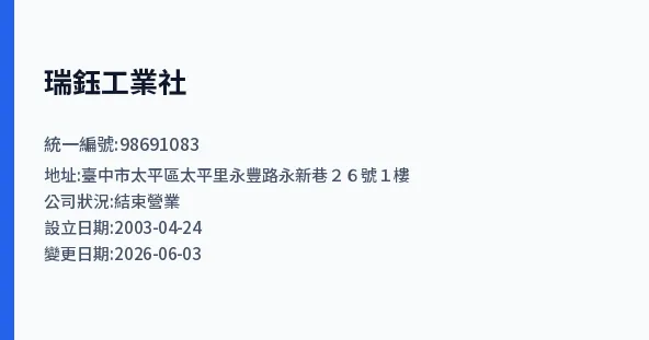 瑞鈺工業社的照片-統編 98691083(臺中市) 公司登記資料與營業項目詳細圖表