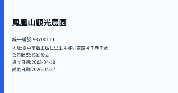 鳳凰山觀光農園的照片-統編 98700111(臺中市) 公司登記資料與營業項目詳細圖表