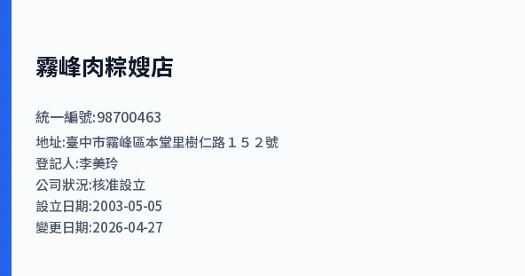 霧峰肉粽嫂店的照片-統編 98700463(臺中市) 公司登記資料與營業項目詳細圖表