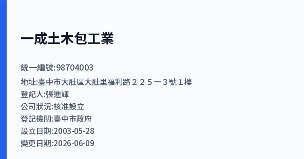 一成土木包工業的照片-統編 98704003(臺中市) 公司登記資料與營業項目詳細圖表