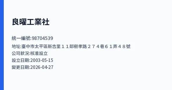 良曜工業社的照片-統編 98704539(臺中市) 公司登記資料與營業項目詳細圖表