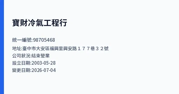 寶財冷氣工程行的照片-統編 98705468(臺中市) 公司登記資料與營業項目詳細圖表