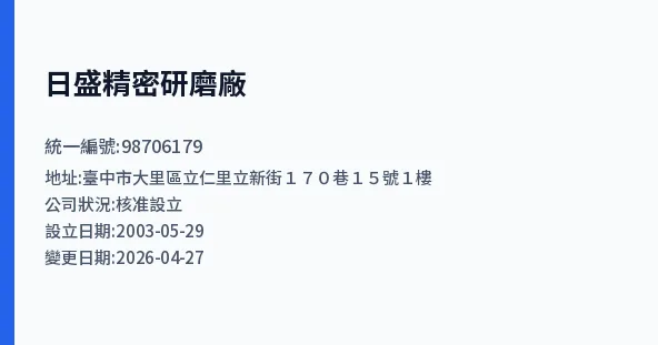 日盛精密研磨廠的照片-統編 98706179(臺中市) 公司登記資料與營業項目詳細圖表