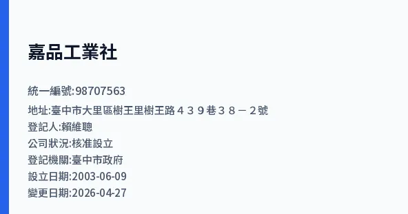 嘉品工業社的照片-統編 98707563(臺中市) 公司登記資料與營業項目詳細圖表