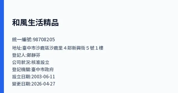 和風生活精品的照片-統編 98708205(臺中市) 公司登記資料與營業項目詳細圖表