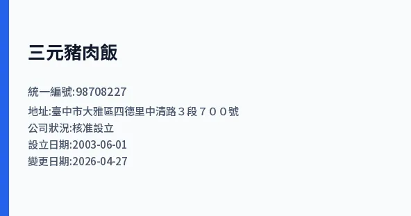 三元豬肉飯的照片-統編 98708227(臺中市) 公司登記資料與營業項目詳細圖表