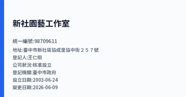 新社園藝工作室的照片-統編 98709611(臺中市) 公司登記資料與營業項目詳細圖表