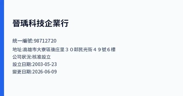 晉瑀科技企業行的照片-統編 98712720(高雄市) 公司登記資料與營業項目詳細圖表