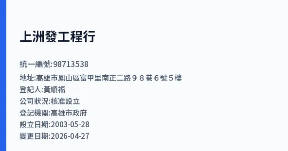 上洲發工程行的照片-統編 98713538(高雄市) 公司登記資料與營業項目詳細圖表