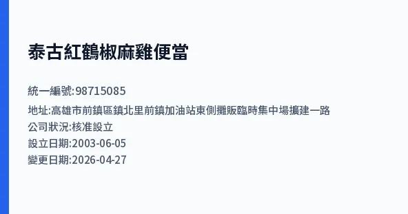 泰古紅鶴椒麻雞便當的照片-統編 98715085(高雄市) 公司登記資料與營業項目詳細圖表