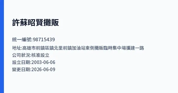 許蘇昭賢攤販的照片-統編 98715439(高雄市) 公司登記資料與營業項目詳細圖表