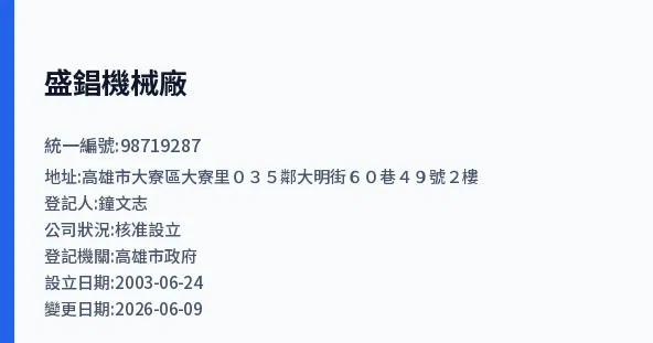 盛錩機械廠的照片-統編 98719287(高雄市) 公司登記資料與營業項目詳細圖表