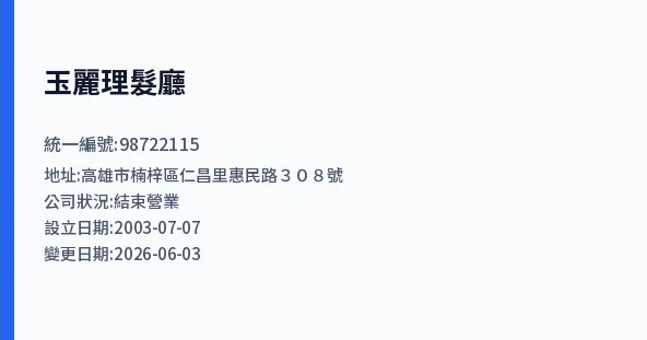 玉麗理髮廳的照片-統編 98722115(高雄市) 公司登記資料與營業項目詳細圖表
