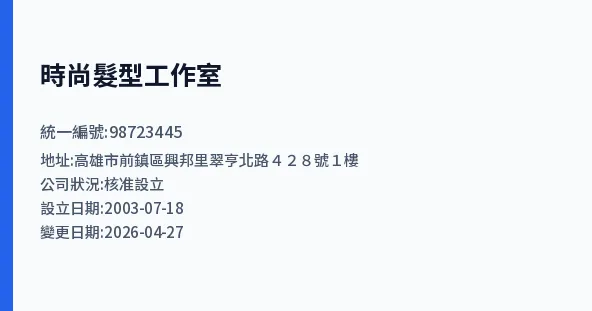 時尚髮型工作室的照片-統編 98723445(高雄市) 公司登記資料與營業項目詳細圖表