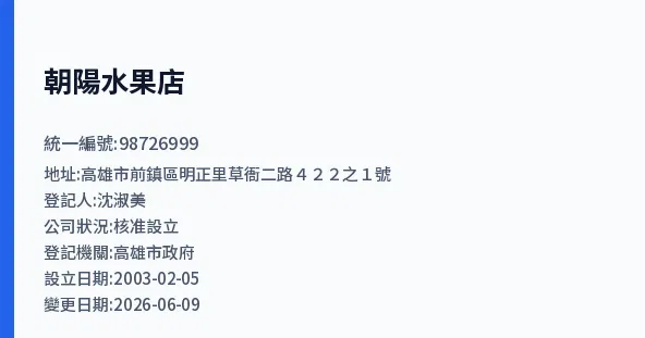朝陽水果店的照片-統編 98726999(高雄市) 公司登記資料與營業項目詳細圖表